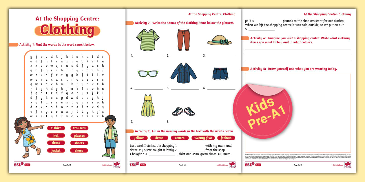 ESL Clothing Activity Sheet for Kids (teacher made) - Twinkl