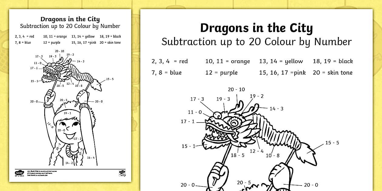 Dragons in the City Subtraction to 20 Color by Number