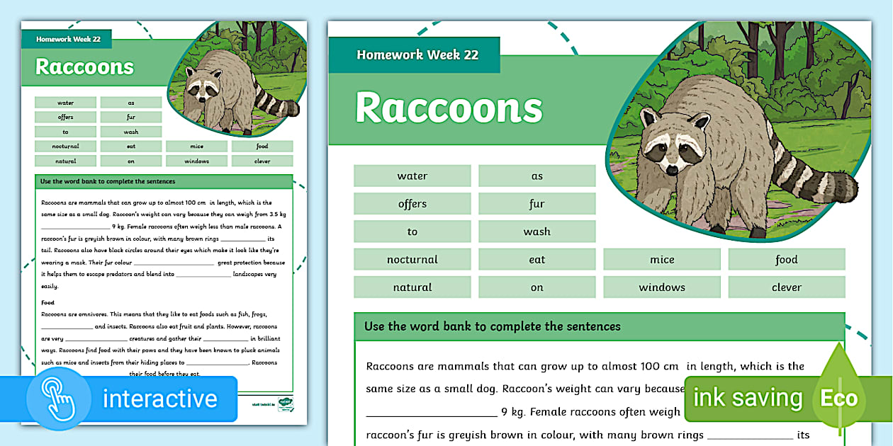 Cloze Procedure Homework Week 22 Raccoons 3rd/4th Class