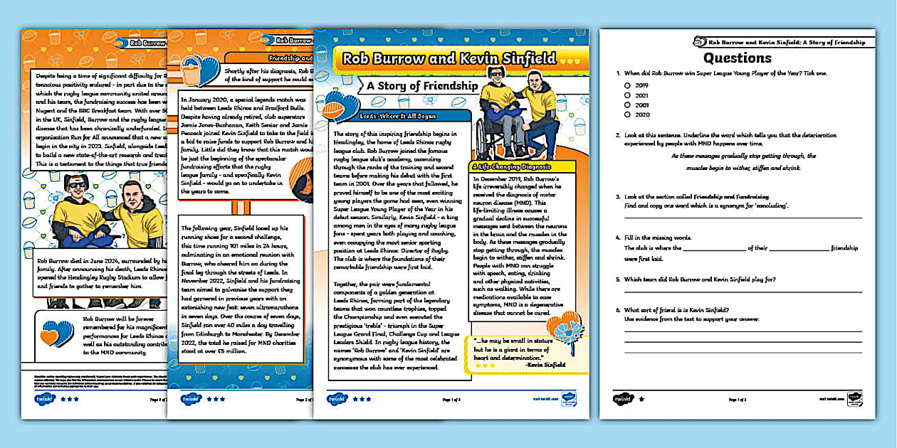UKS2 Rob Burrow and Kevin Sinfield Comprehension Activity