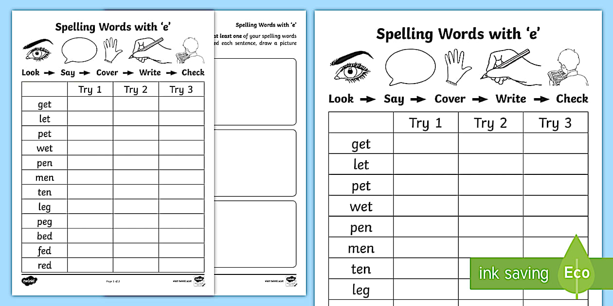 'e' Spelling List Worksheets - Twinkl