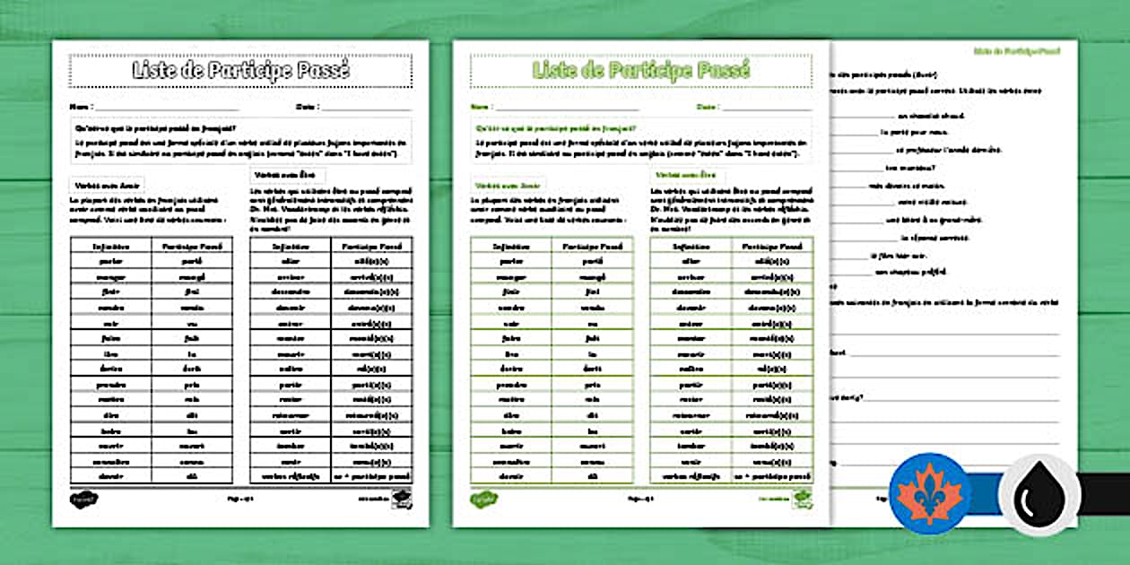 Liste de Participe Passé Reference and Worksheet - Twinkl
