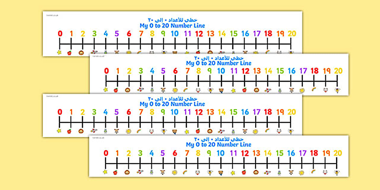 Black and White Numbers 0-20 on a Number Line Arabic Translation