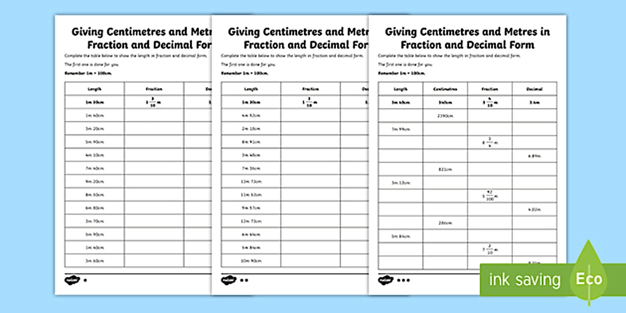 Giving Centimetres and Metres in Fraction and Decimal Form Differentiated