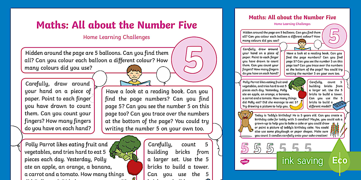 EYFS Maths: All about Number Five Home Learning Challenges