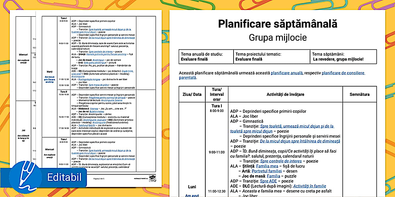 La revedere, grupa mijlocie! – Model planificare săptămânală