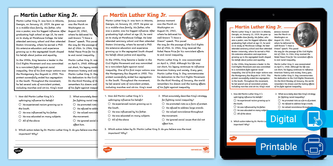 7th Gr Martin Luther King Jr. Reading Passage Comprehension