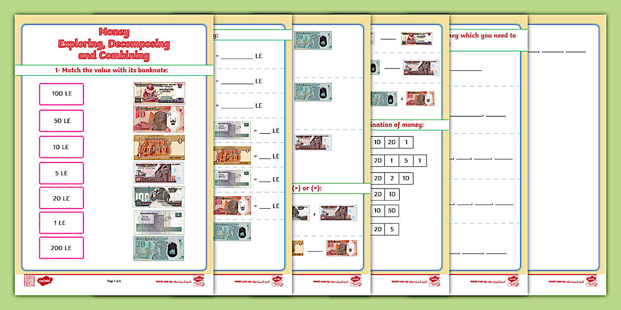 Money Exploring, Decomposing and Combining worksheet