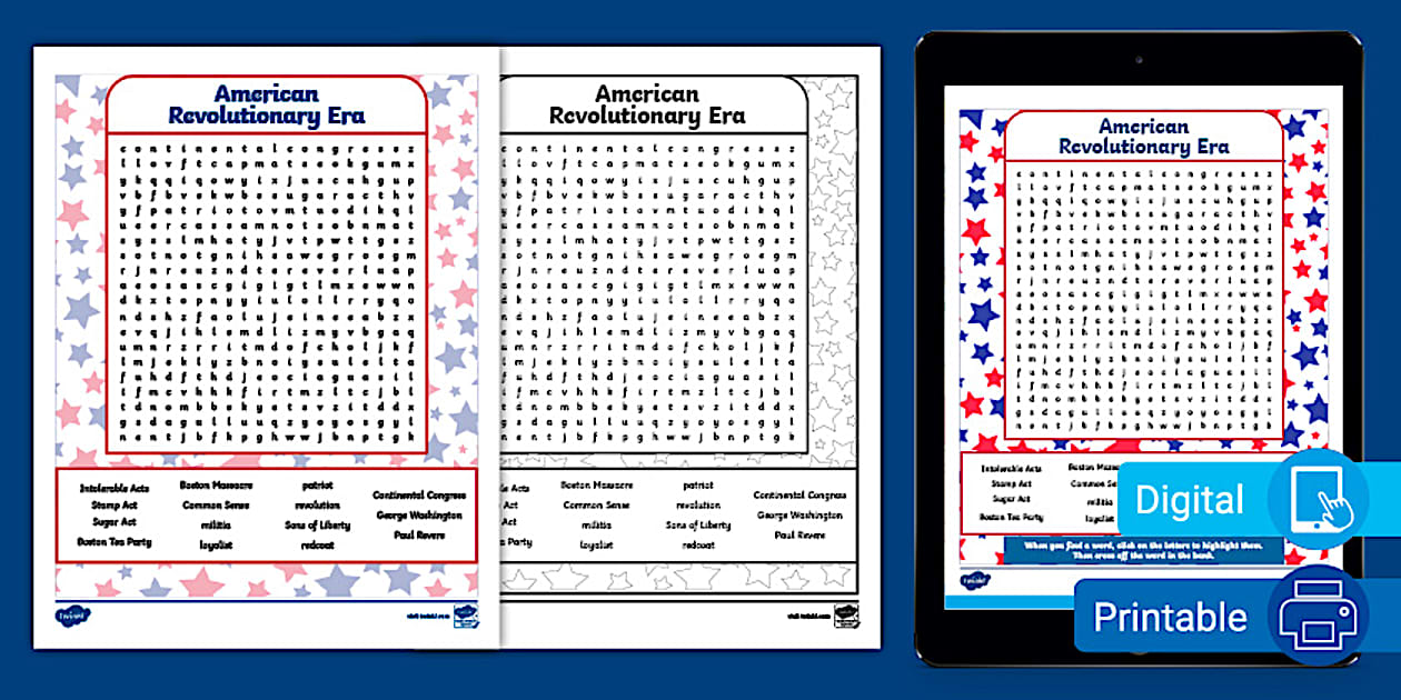 American Revolutionary War Word Search for 6th-8th Grade