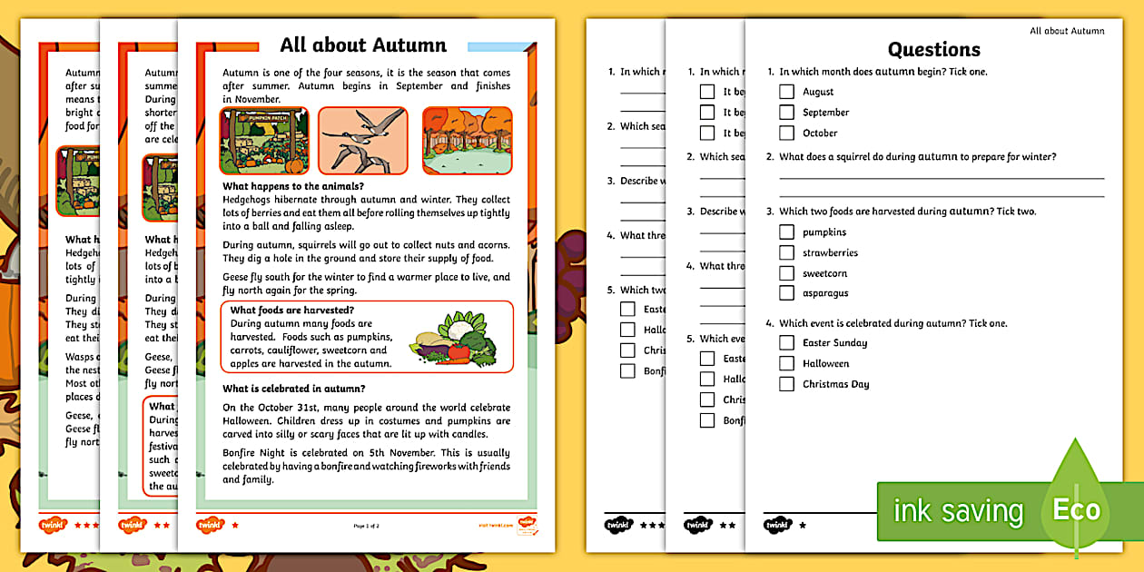 Middle Ability All about Autumn Differentiated Comprehension Worksheets