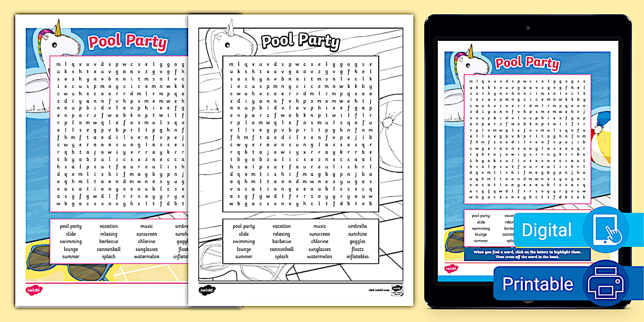 Pool Party Word Search for 6th-8th Grade (professor feito)