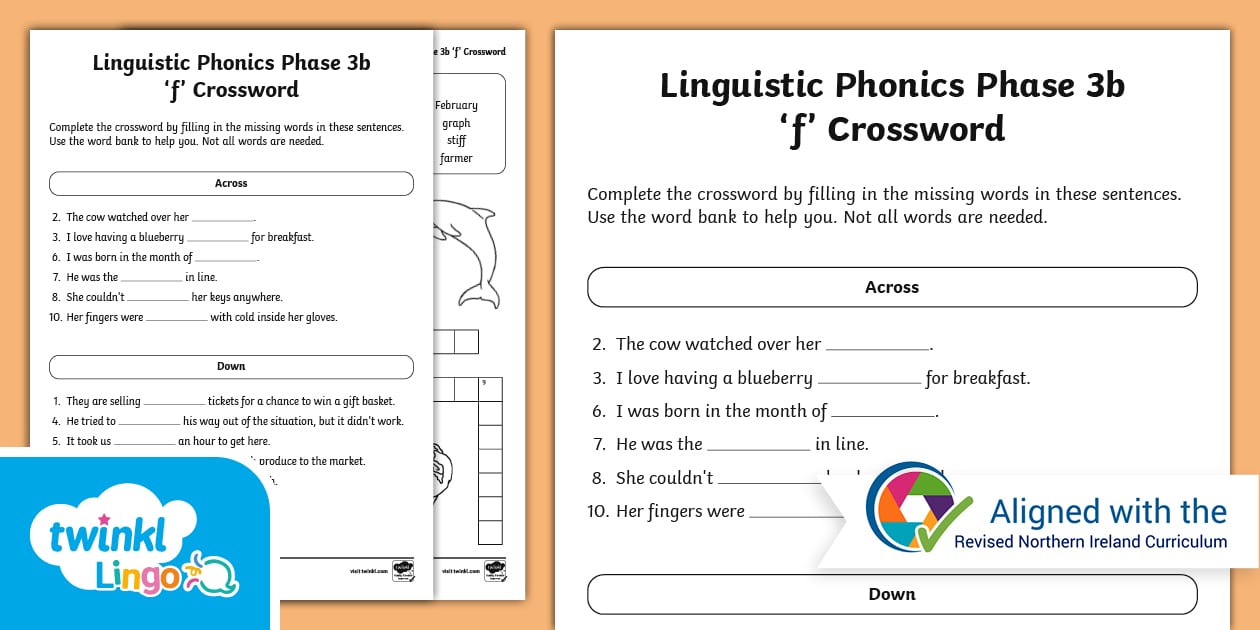 Linguistic Phonics Phase 3b 'f' Crossword (teacher made)
