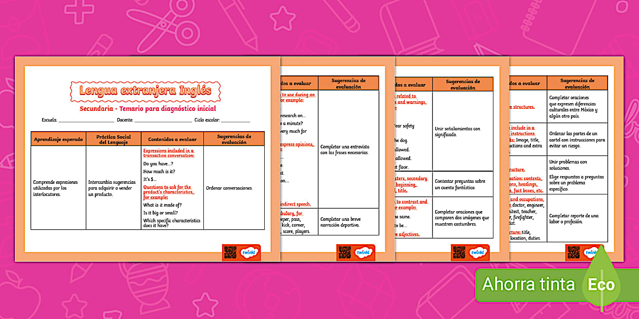 Diagnóstico de inglés en secundaria - temario SEP
