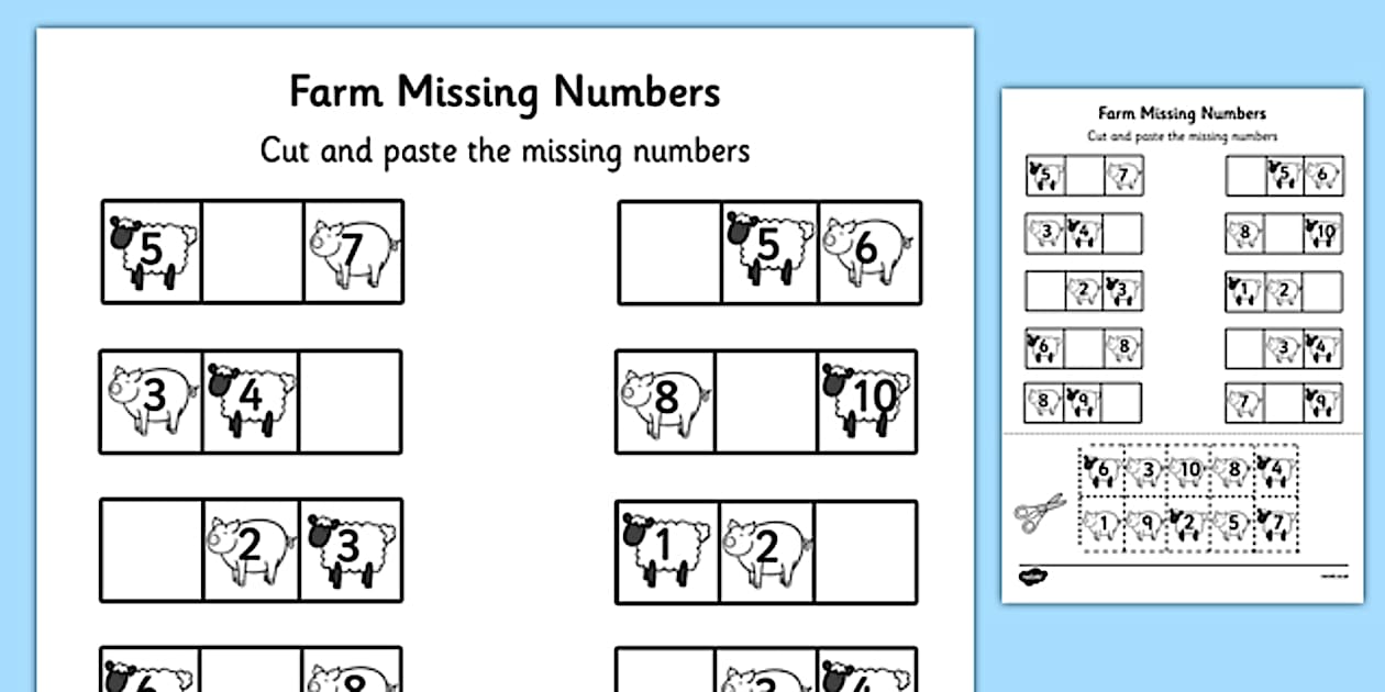 Editable Farm-Themed Missing Numbers Worksheet 1-10 - Twinkl