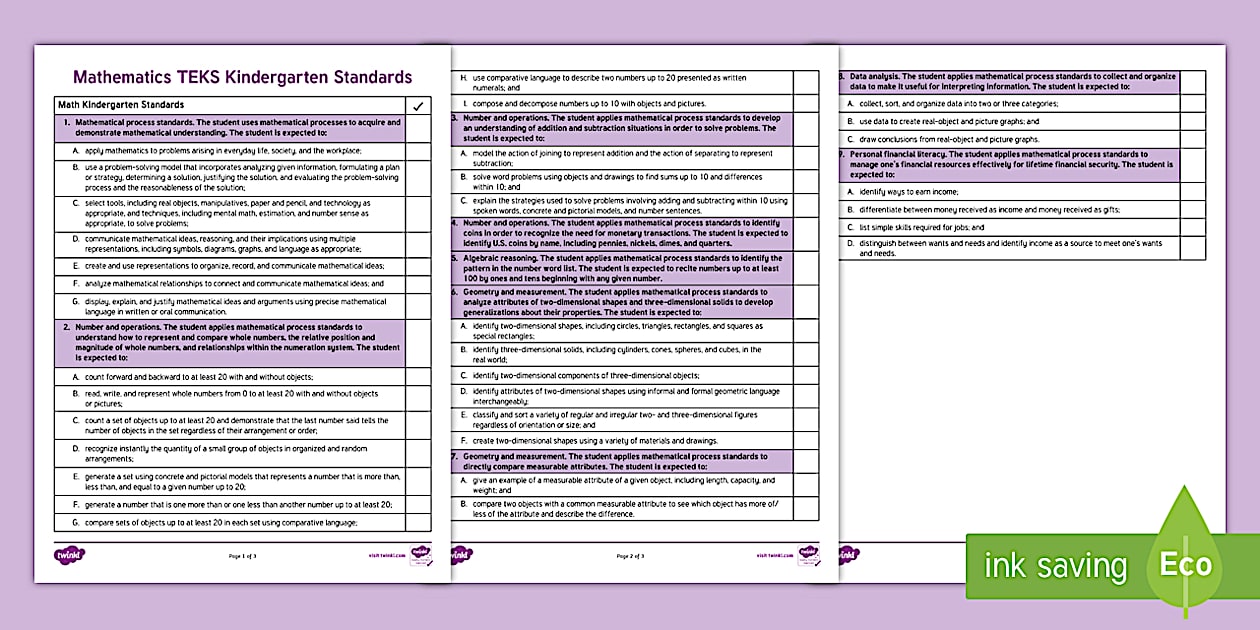 Mathematics TEKS Kindergarten Standards Checklist - Twinkl
