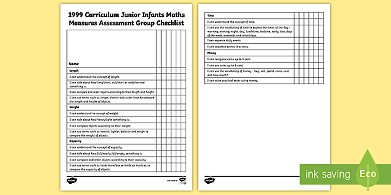 1999 Curriculum Junior Infants Maths Measures Assessment Group Checklist