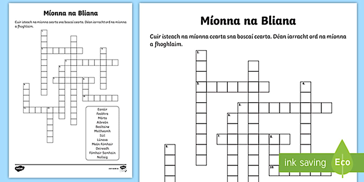 Months of the Year Criss Cross Puzzle Gaeilge - Twinkl