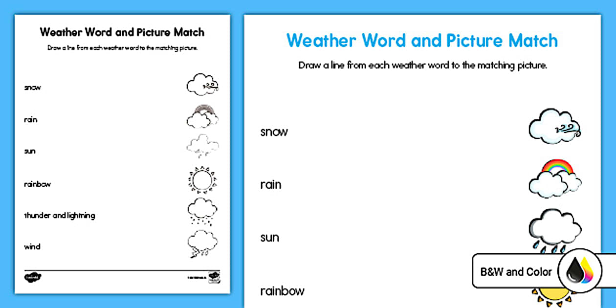 Kindergarten Weather Word and Picture Matching Worksheet