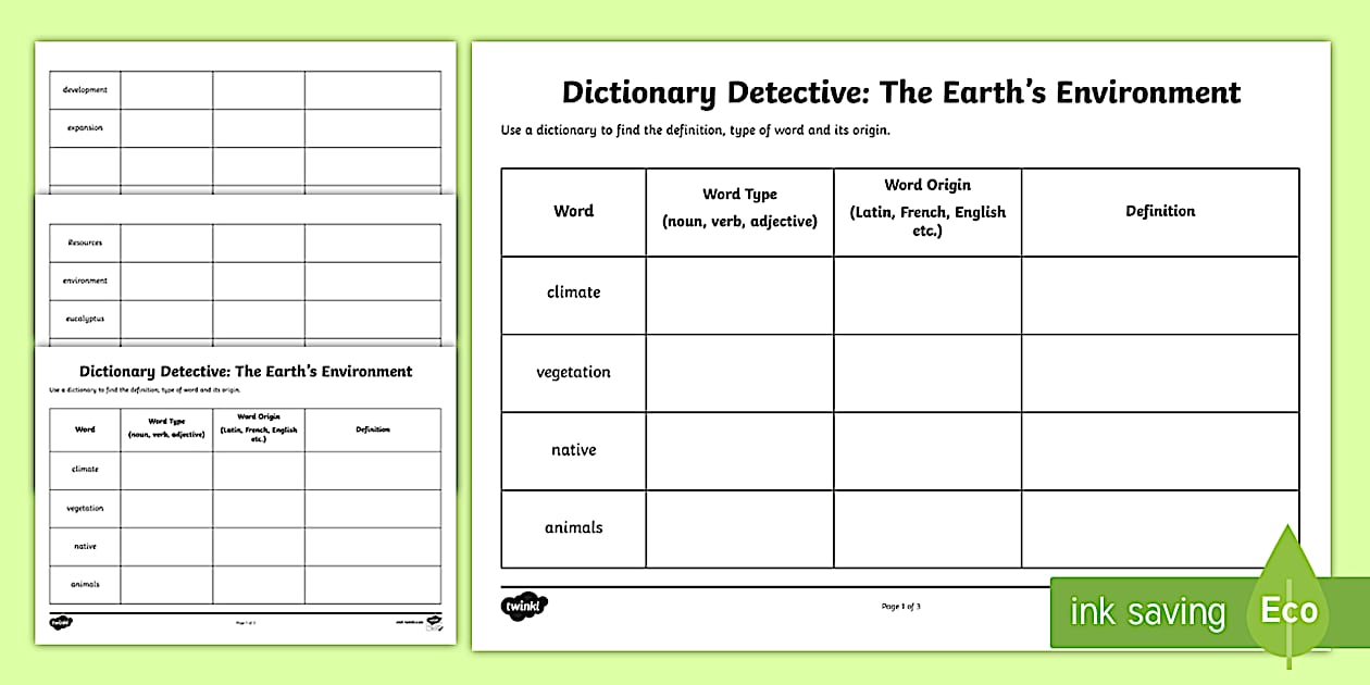 The Earth's Environment Word Origins and Meanings Worksheet / Worksheet