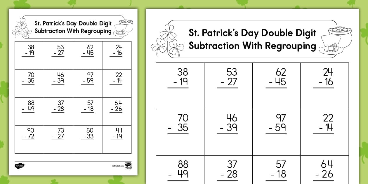 Second Grade St. Patrick's Day Double Digit Subtraction With Regrouping