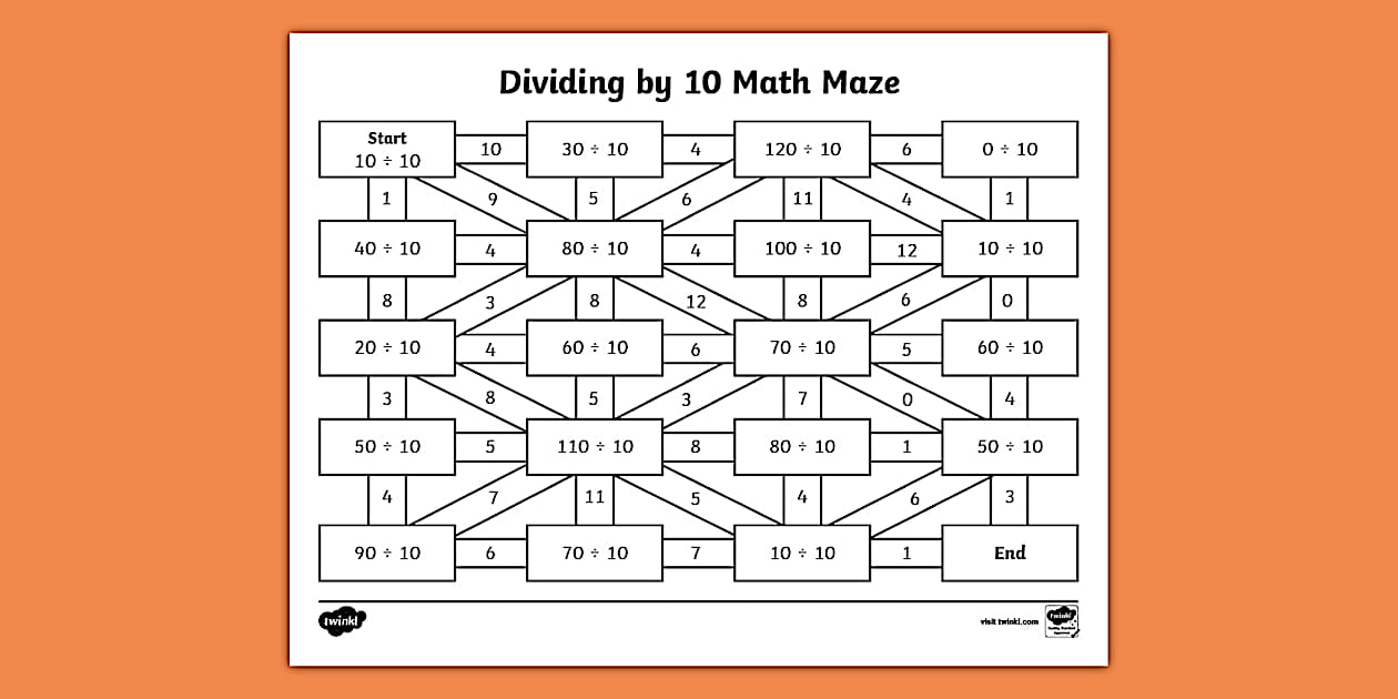 Dividing by 10 Math Maze Worksheet for 3rd-5th Grade