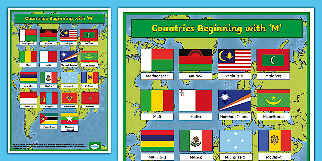 Countries Beginning with the Letter 'M' Display Poster