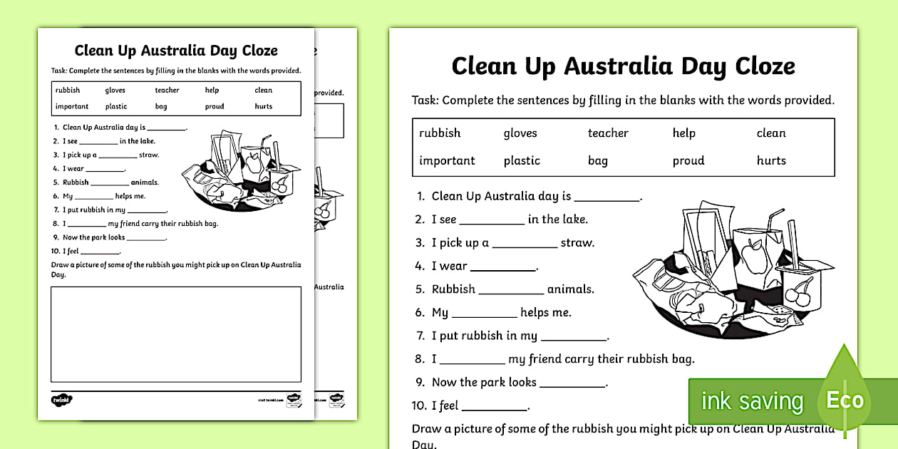 SA Clean Up Australia Day Years F-2 Cloze Worksheet - Twinkl