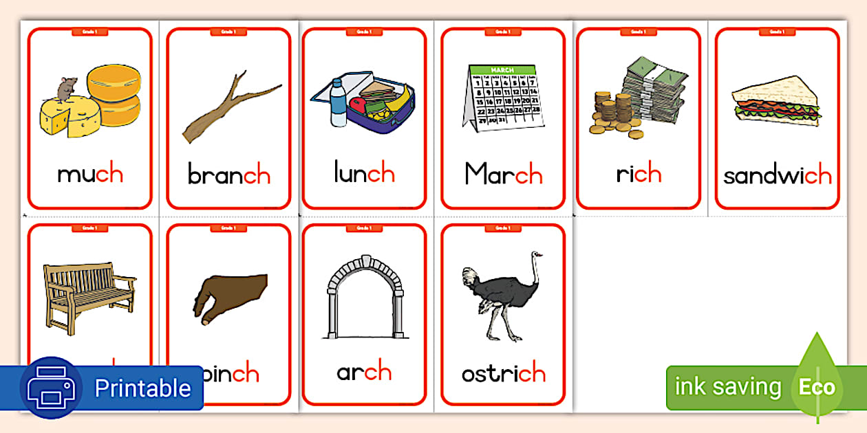 Grade 1 Phonics: Ending -ch Flashcards (teacher made)