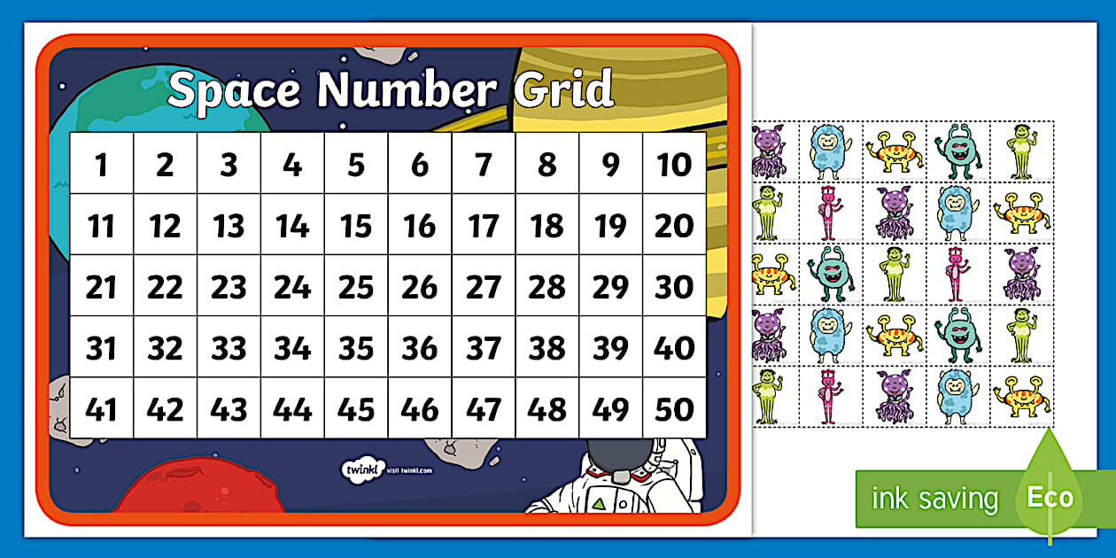 Space-Themed 1 to 50 Number Grid (teacher made) - Twinkl