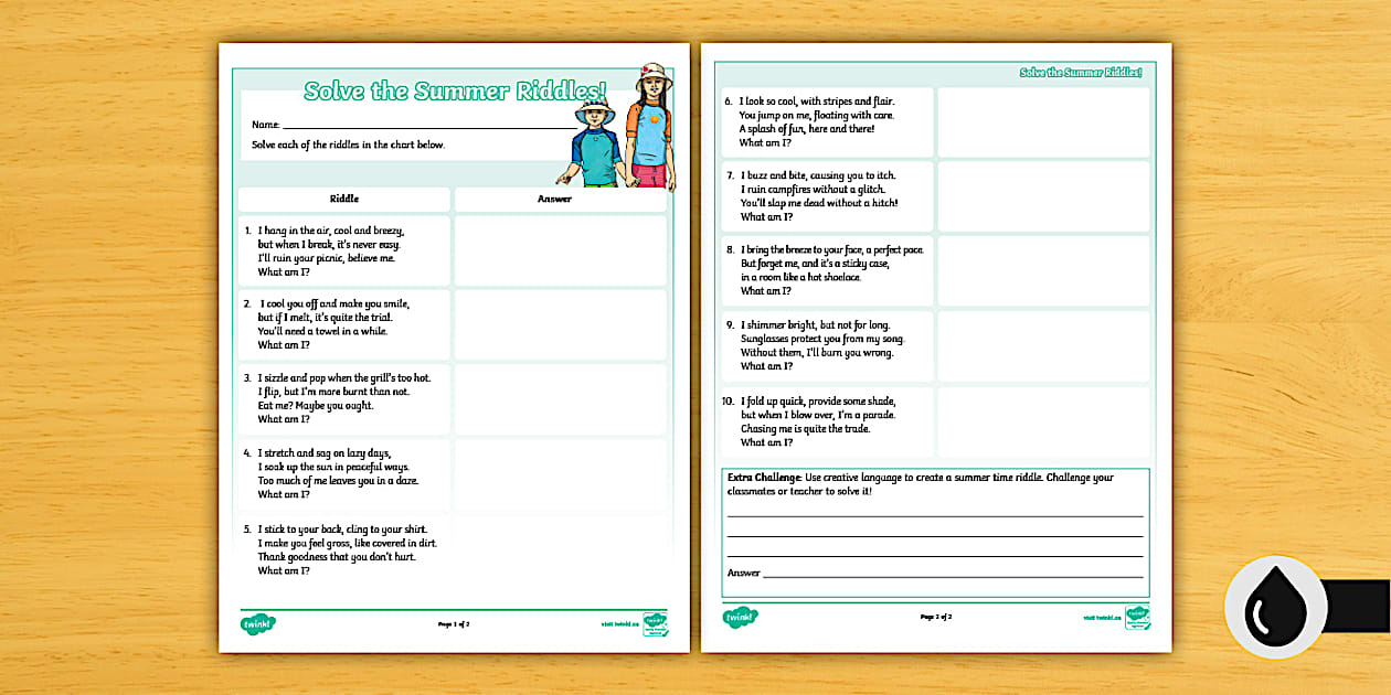 Summer Riddles Worksheet Junior Grades (teacher made)