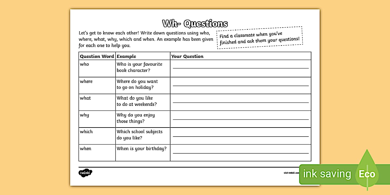 Wh- Questions Getting to Know You Activity Sheet - KS1