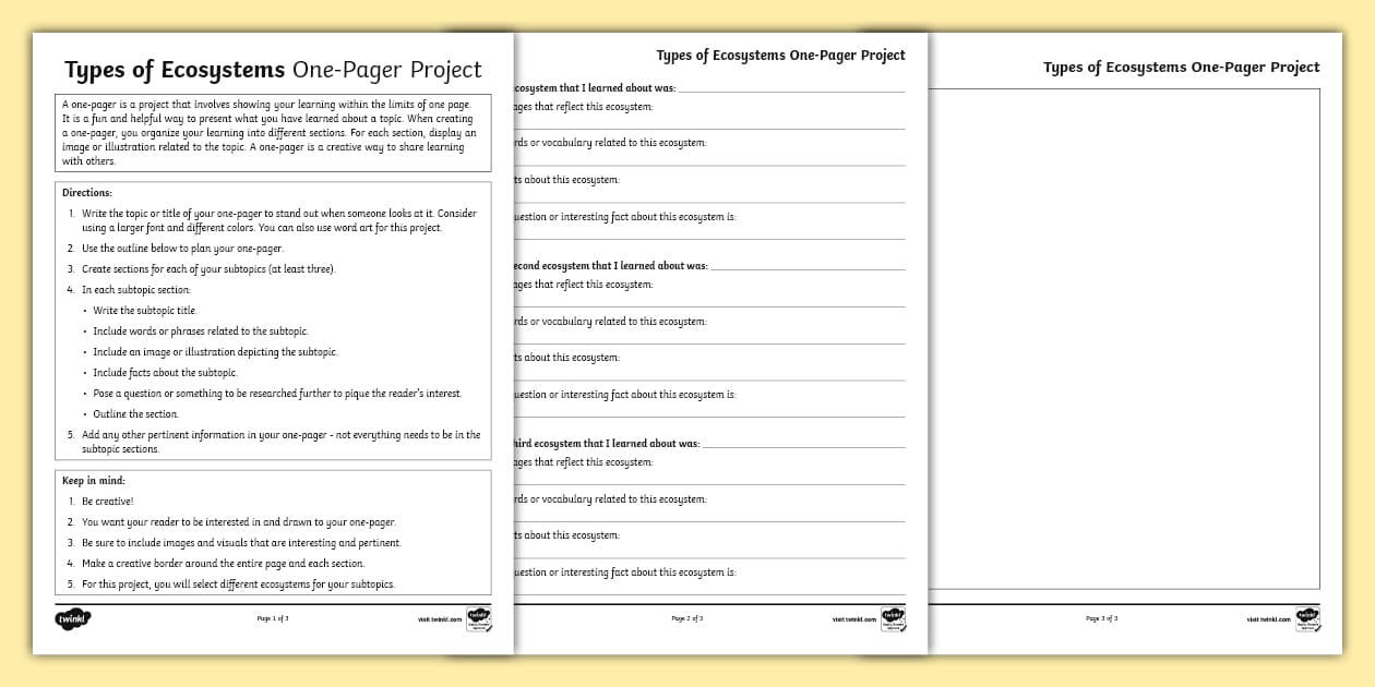 Types of Ecosystems One-Pager Project With Rubric for 3rd-5th Grade