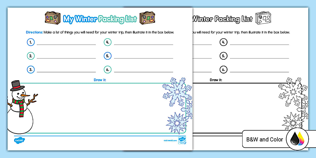 Kindergarten Winter Packing List Writing Center Worksheet