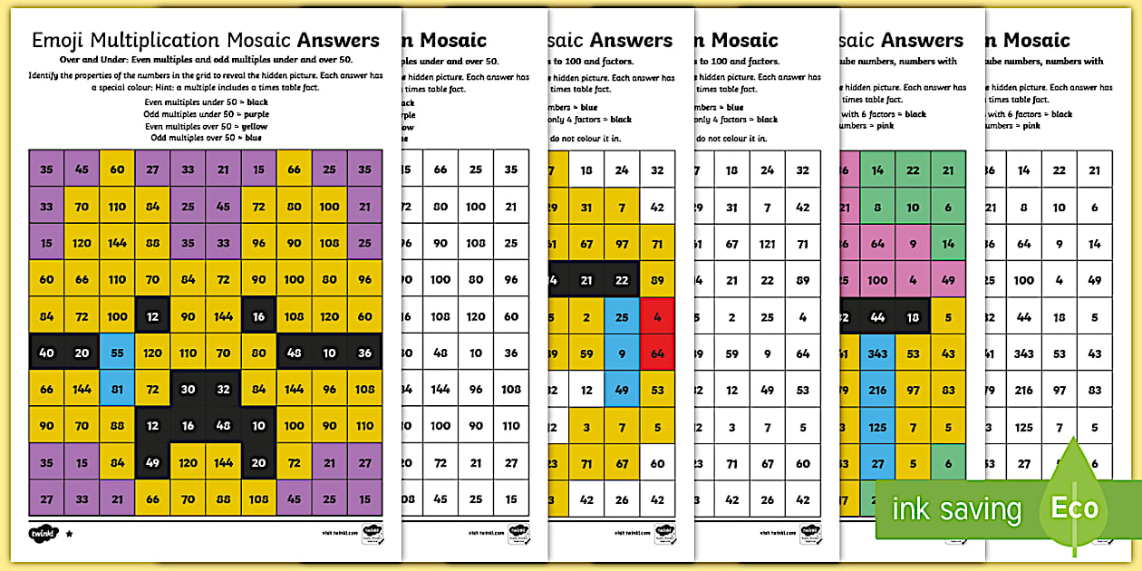 Middle Ability UKS2 Emoji Multiplication Mosaic Differentiated Worksheets
