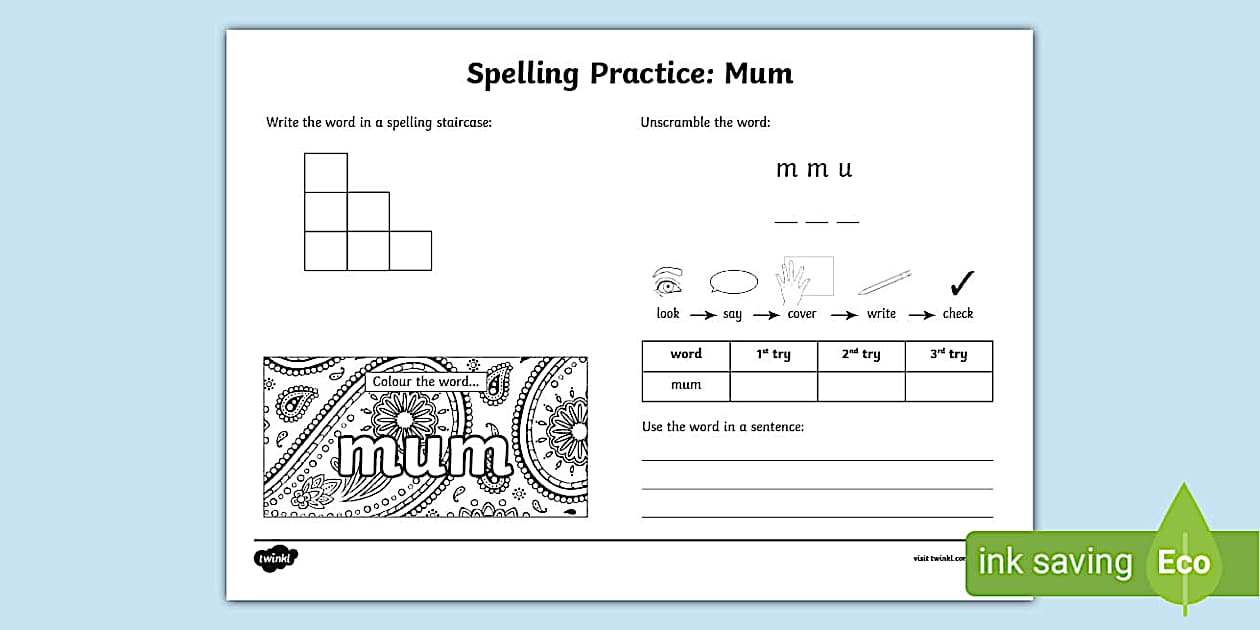 Mum Spelling Practice Worksheet (teacher made) - Twinkl