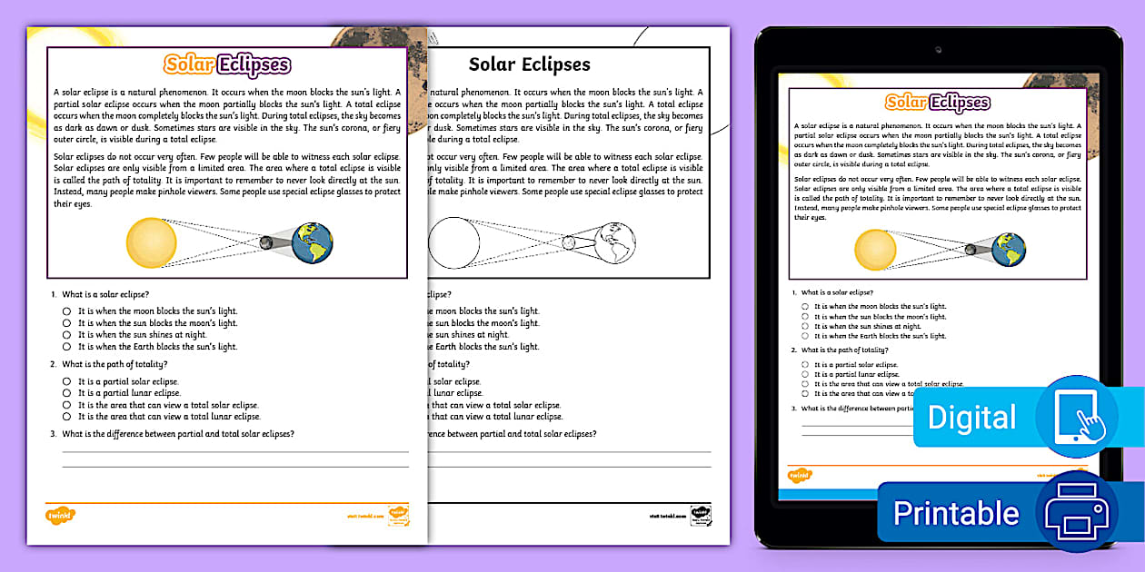 Solar Eclipse Reading Comprehension 4th Grade | Twinkl USA