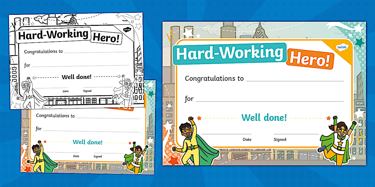 Hard-Working Hero Certificate (teacher made) - Twinkl