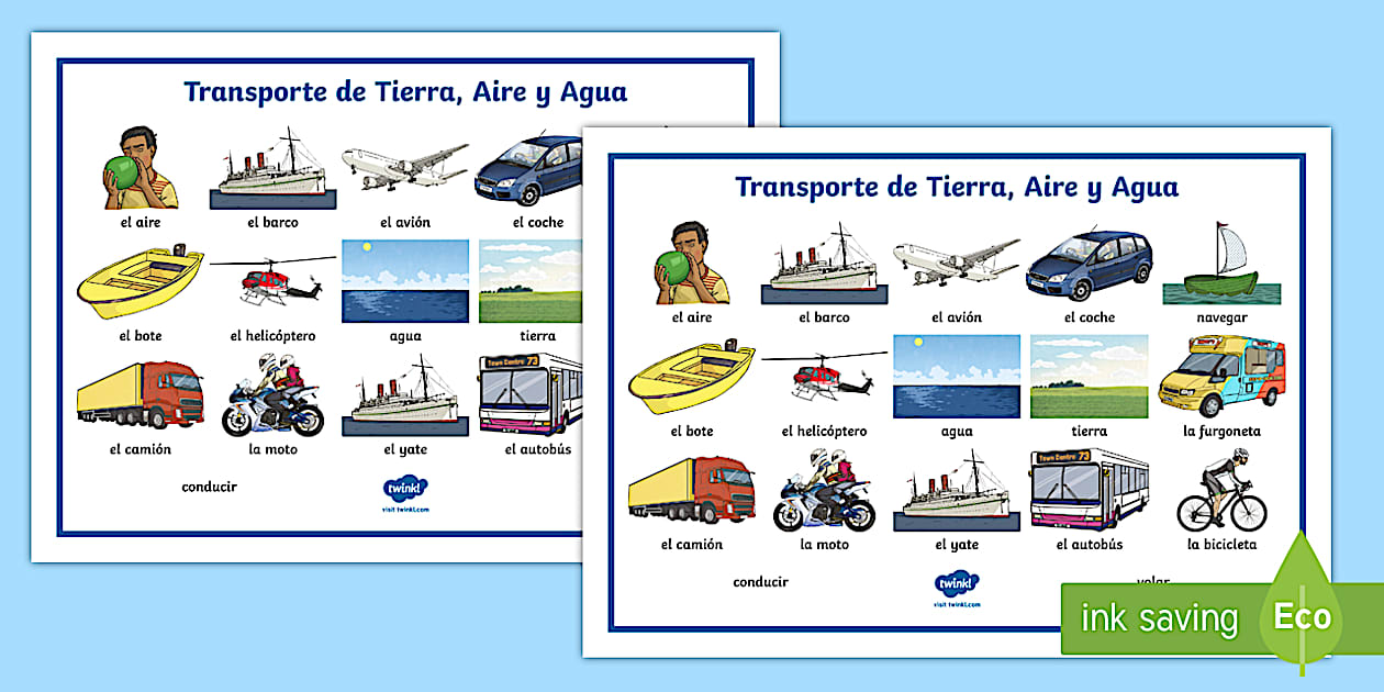 Land, Air and Water Transport Word Mat - Spanish