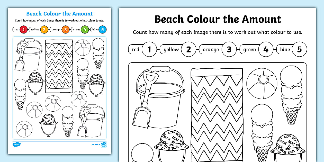 Beach Colour the Amount Worksheet (teacher made) - Twinkl