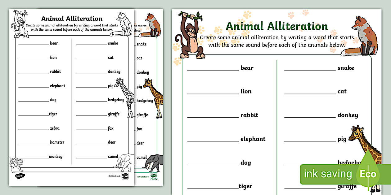 Animals: Alliteration Worksheet - Twinkl