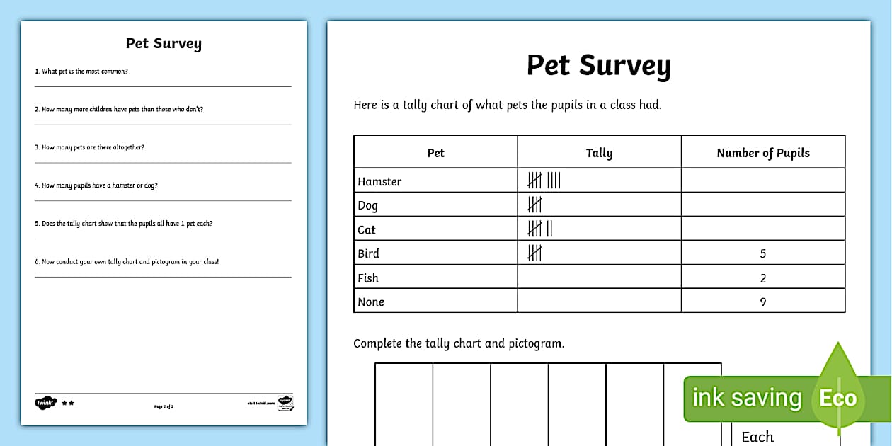 Pets Survey Tally and Pictogram Worksheets (teacher made)