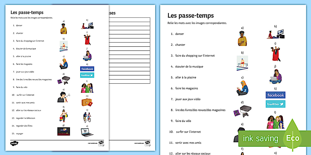 French Worksheets for Kids | Hobbies Match-Up Activity Sheet