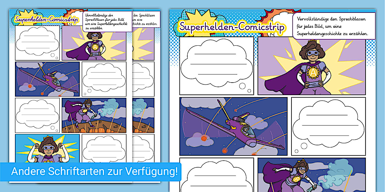 Superheld - Vervollständige den Comic-Strip - Arbeitsblatt