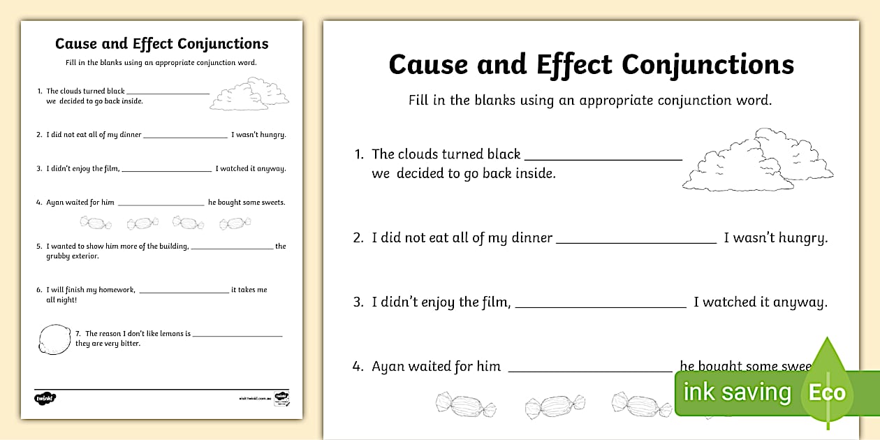 Editable Cause and Effect Conjunctions Worksheet - Twinkl