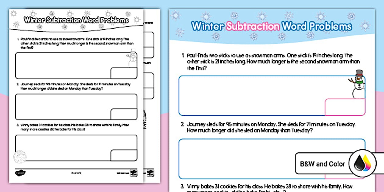 Winter Word Problems Subtraction Worksheet (teacher made)