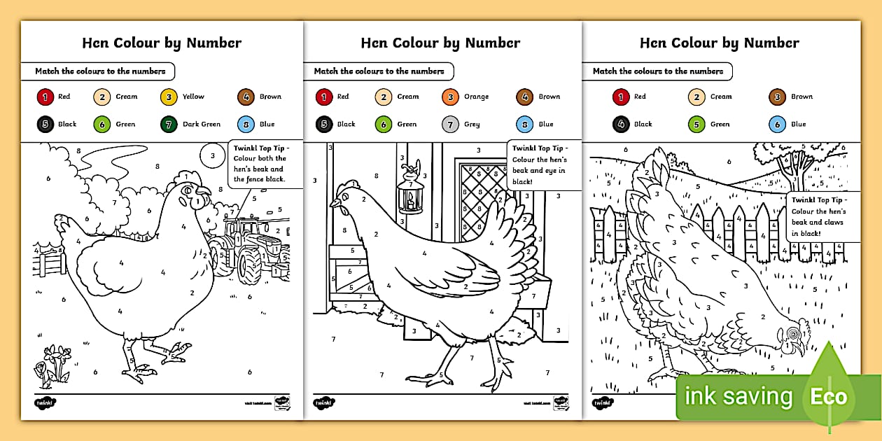 A Pack of Three Hen Colour-by-Number Pages | Twinkl | KS1