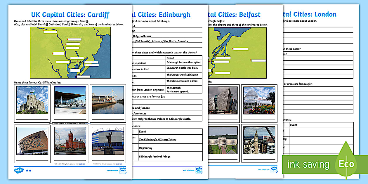 KS2 UK Capital Cities Differentiated Worksheets - Twinkl