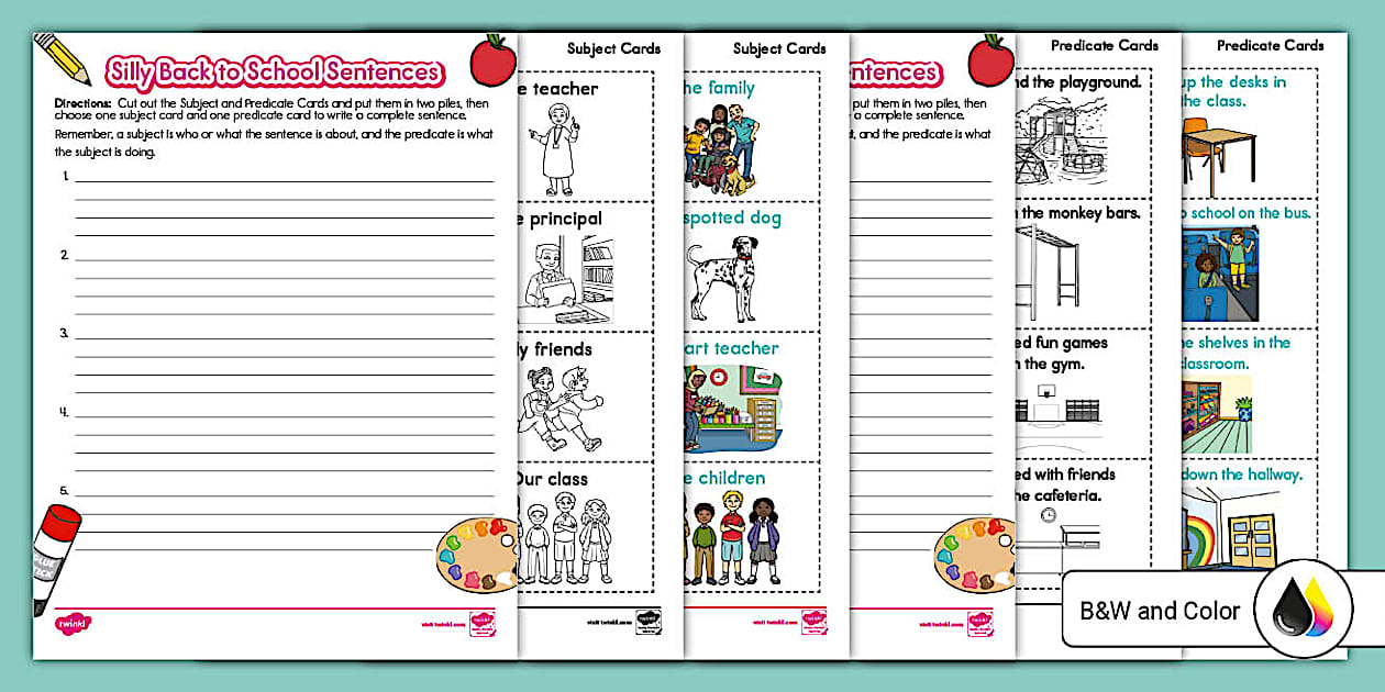 Silly Back to School Sentences Subject and Predicate Writing