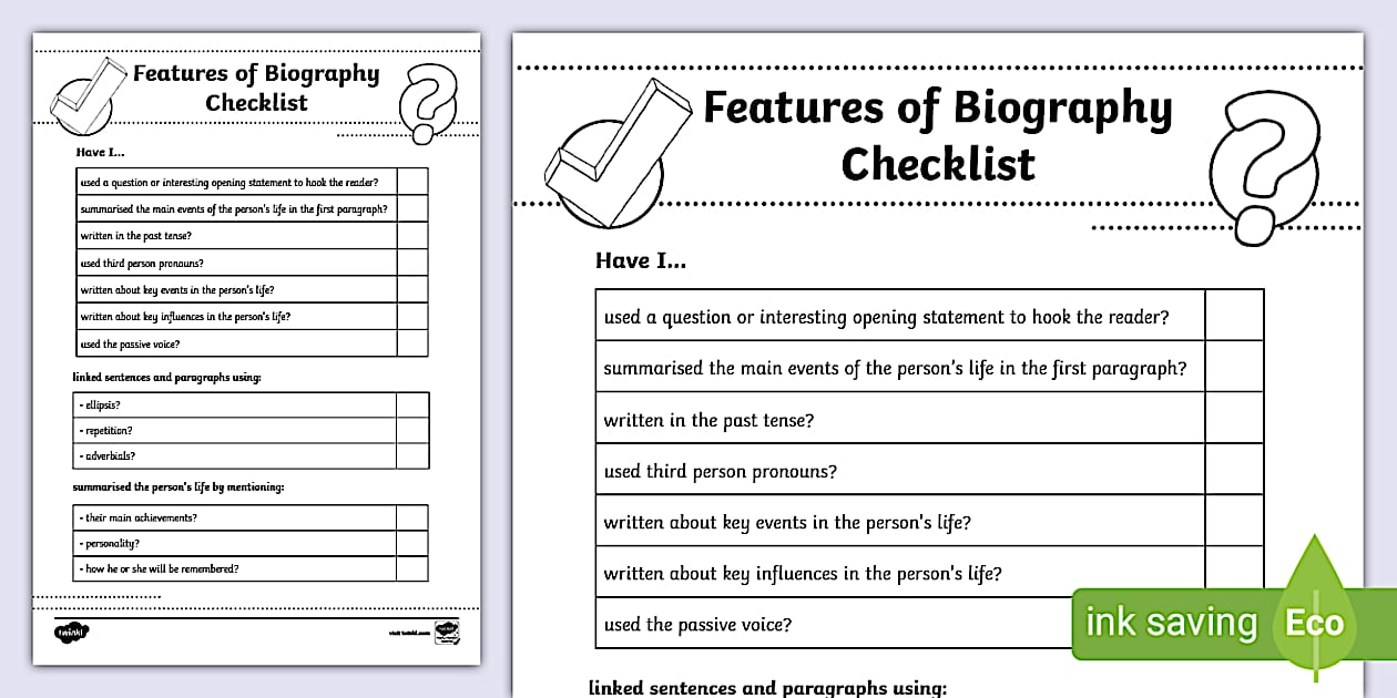 Editable Features of a Biography Writing Checklist - Twinkl
