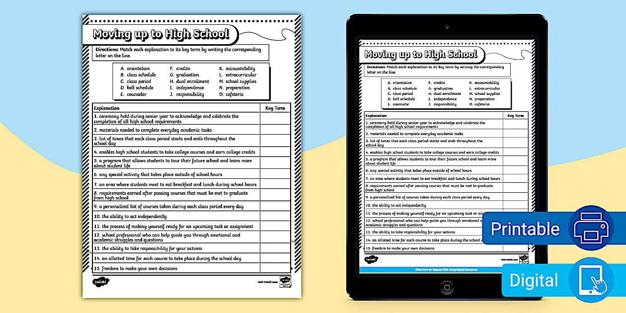 Eighth Grade Moving up to High School Matching Worksheet